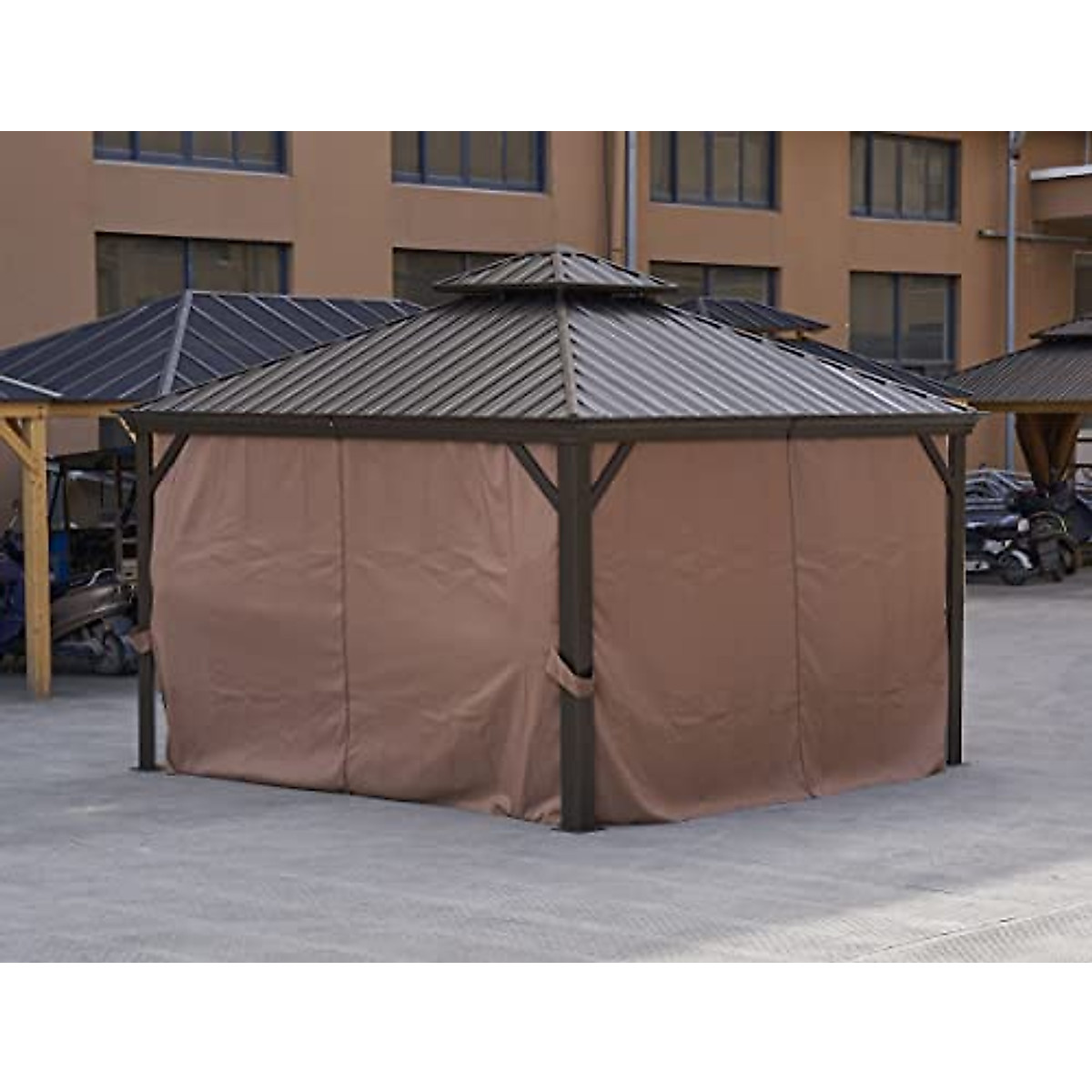 DHPM 12 x 12 FT Outdoor Patic Canopy Gazebo, Roof Iron Gazebo with Steel Canopy, Outdoor Waterproof Patio Gazebo with Curtains and Netting for Gardens, Patio, Party Canopy