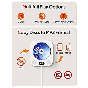 CozySound Portable CD Player Bluetooth for Home, Wall Mountable Desktop Kpop Music Players, Convert CDs to MP3, with Stereo Speakers, Remote, FM Radio, AUX Jack, Support U Disk/TF