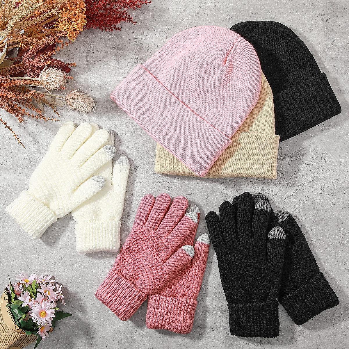 SATINIOR 6 Pieces Winter Beanie Hat Gloves Set, Knit Hat Touchscreen Gloves Soft Skull Cap Set for Women Men(Black, Pink, Apricot, White)