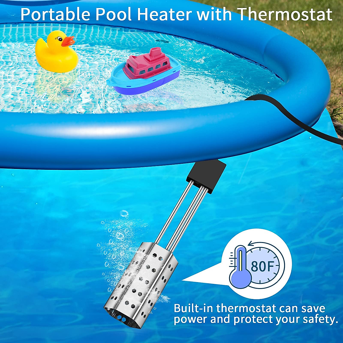 BIRD WISH Portable Pool Heater, 1500W Portable Thermostat and Auto Shutoff with Small Pool Heater for Inflatable Pool and Portable Pool in Yard, Home