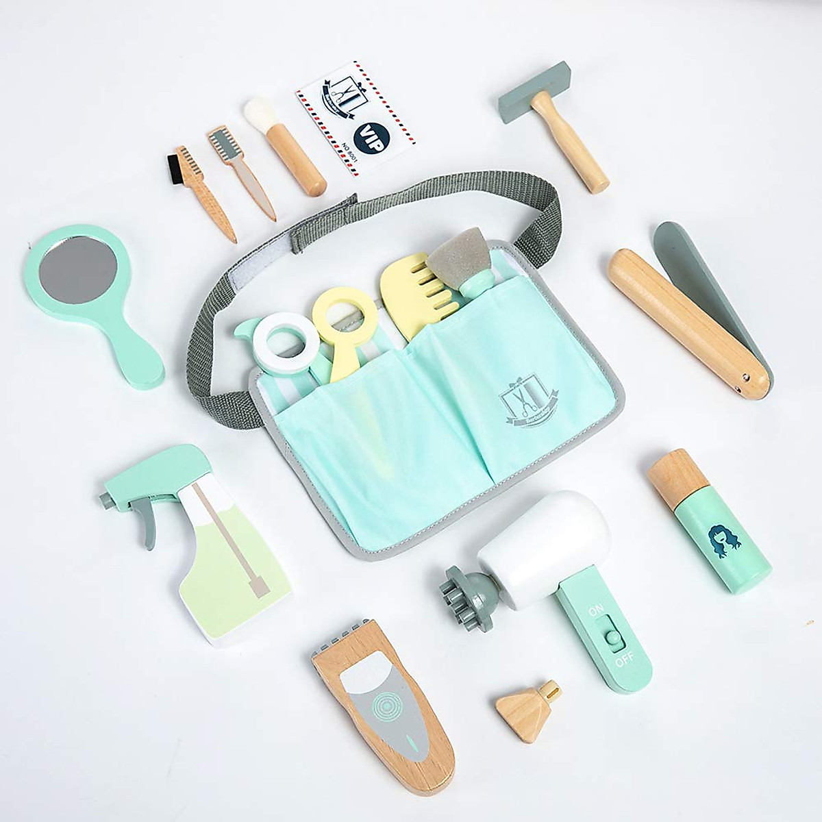 Kids Hair Salon Playset, Wooden Makeup Toy Set, Hair Styling Toys for Girls, Kids Shaving Kit for Boys, Kids Barber Playset, Gifts for 3 4 5 Year Old Girls Boys (18 PCS)