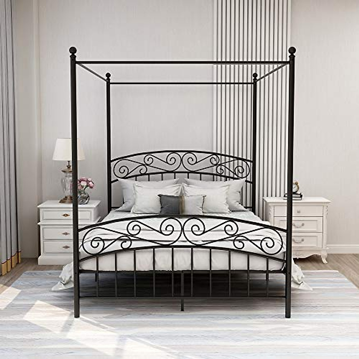 Zoophyter Metal Canopy Queen Size Bed Frame with Headboard Heavy Duty Steel Slat Support No Box Spring Needed Easy Assemble Black
