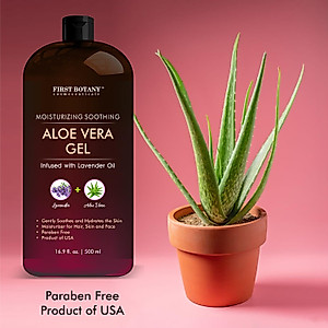 First Botany, Pure Aloe vera gel - with 100% Fresh & Pure Aloe Infused with Lavender Oil - Natural Raw Moisturizer for Face, Skin, Body, Hair. Perfect for Sunburn, Acne, Razor Bumps 16.9 fl oz