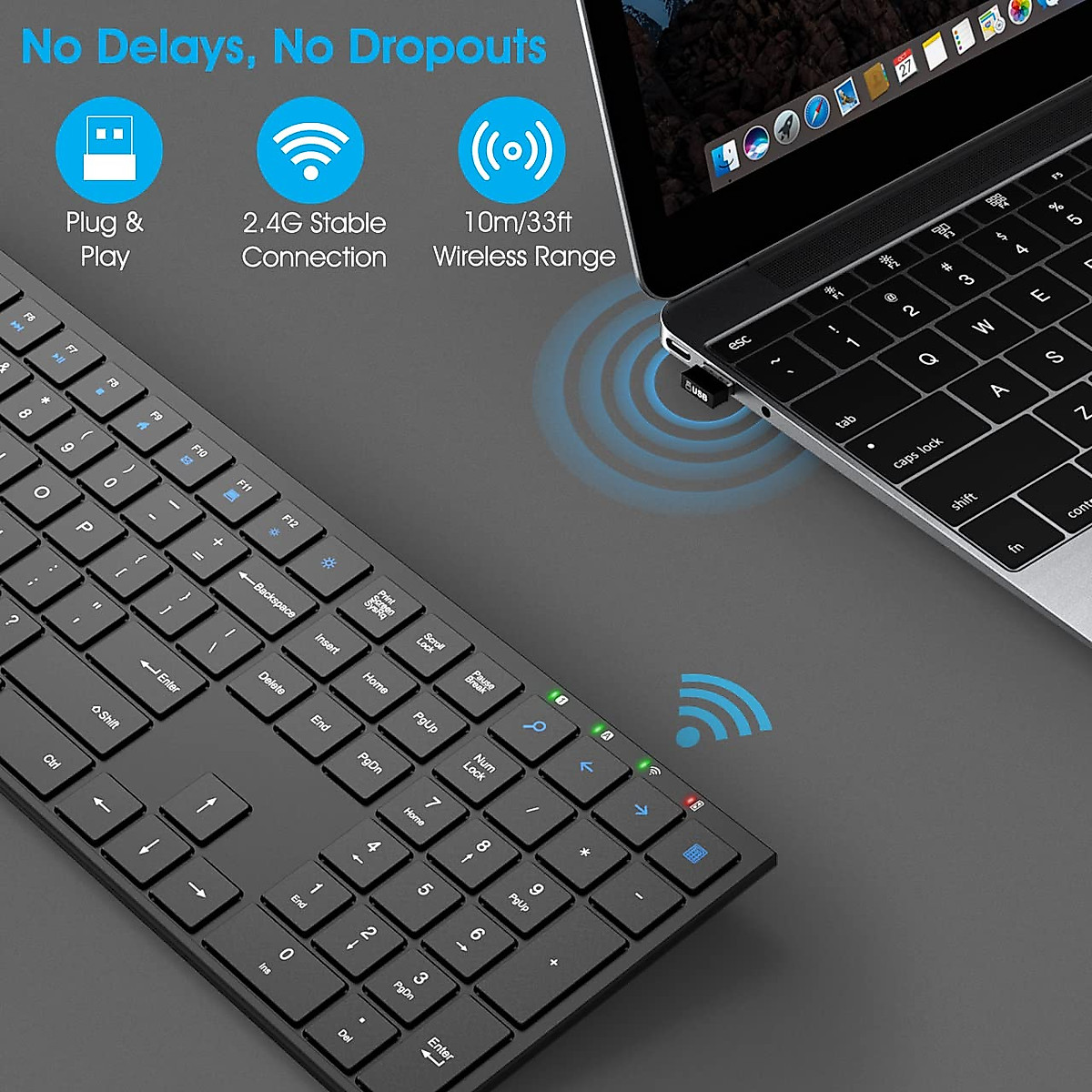 Trueque Wireless Keyboard, Full Size Ultra Slim Keyboard with Silent Keys, Number Pad, 2.4 GHz Wireless Ergonomic USB Computer Keyboard for Laptop, Windows, PC, Desktop, Mac, Black