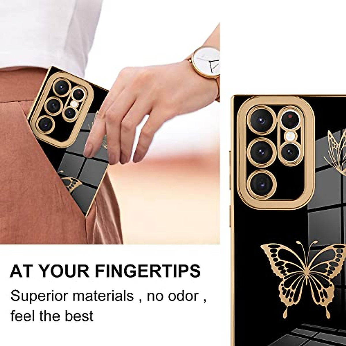 MZELQ for Samsung S22 Ultra 5G Case Butterflies Design for Women Girls,Cute Luxury Plating Edge Bumper Full Camera Lens Protection Cover for Galaxy S22 Ultra 5G 6.8“-Black