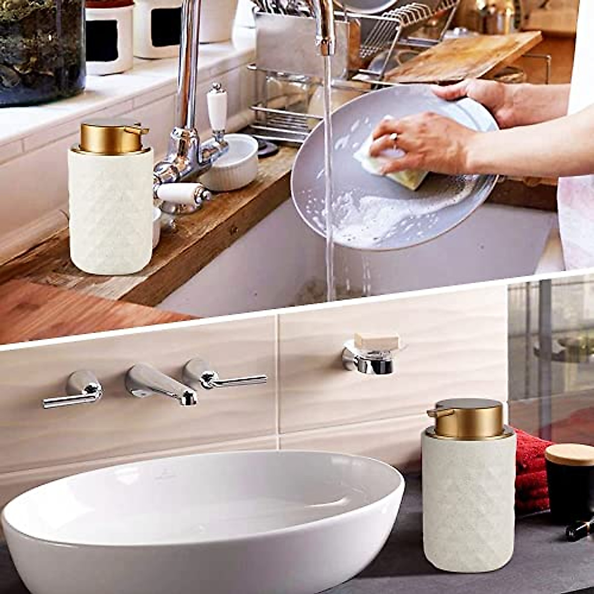 SeenVo Bathroom Countertop Soap Dispensers,Ceramic Foaming soap Dispenser Beigem for 13oz Refillable Liquid Lotion Soap Dispenser with Rust-Proof foaming Pump