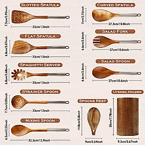 Wooden Spoons for Cooking with Utensils Holder, 10-Pieces Wooden Utensil Set Non-Stick, Natural Teak Cookware Wooden Cooking Spurtle Set, with Stainless Steel Handle