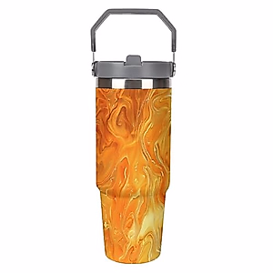 RTFGHJS Orange And Yellow Lava 30 Oz Tumbler with Handle And Flip Straw, Stainless Steel Vacuum Insulated Travel Mug, Thermal Cup for Coffee, Water, Iced Drinks, Fits Car Cup Holders (Home, Sports)