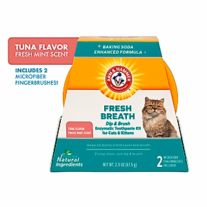 Arm & Hammer Dip & Brush Fresh Breath Enzymatic Toothpaste Kit for Cats and Kittens with 2 Microfiber Finger Bushes, 2.5 Ounces, Tuna Flavor | Cat Dental Care Kit