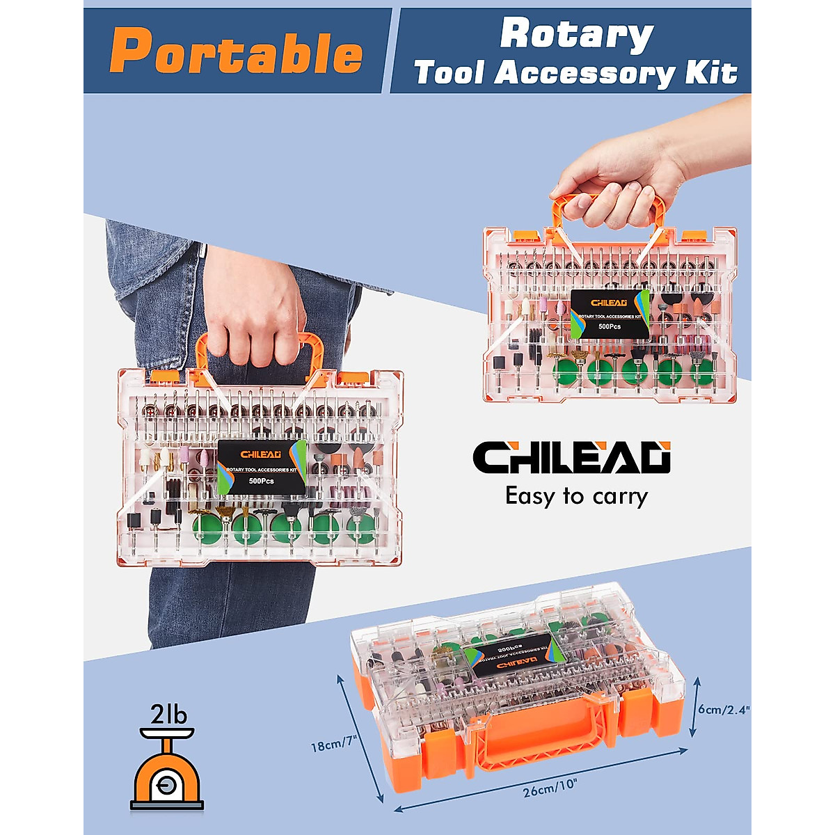 CHILEAD Rotary Tool Accessories Kit, 500 Pcs Accessory Set, 1/8"(3.2mm) Diameter Shanks, Universal Fitment Bits for Easy Cutting, Sanding, Grinding, Sharpening, Carving, Drilling, Polishing, Engraving