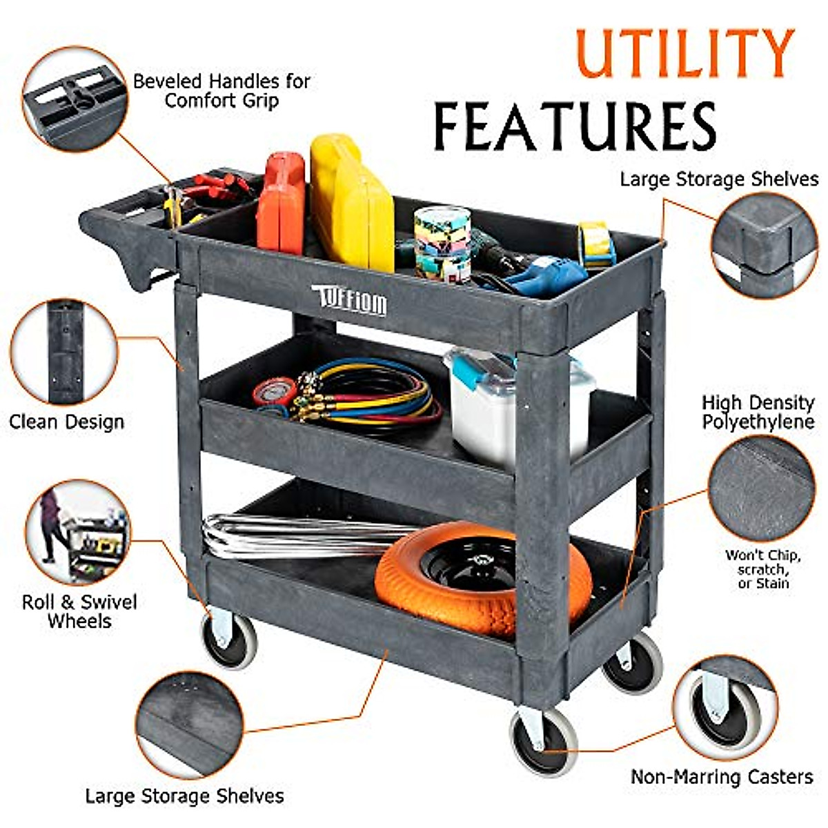 TUFFIOM 550lbs Heavy Duty 3-Tier Service Utility Cart