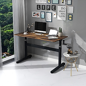 Win Up Time Manual Standing Desk Adjustable Height- Crank Mobile Standing Desk 48 x 24 Inches Sit Stand Desk Frame & Top, Stand Up Desk on Wheels, Computer Desk Black Frame & Rustic Brown