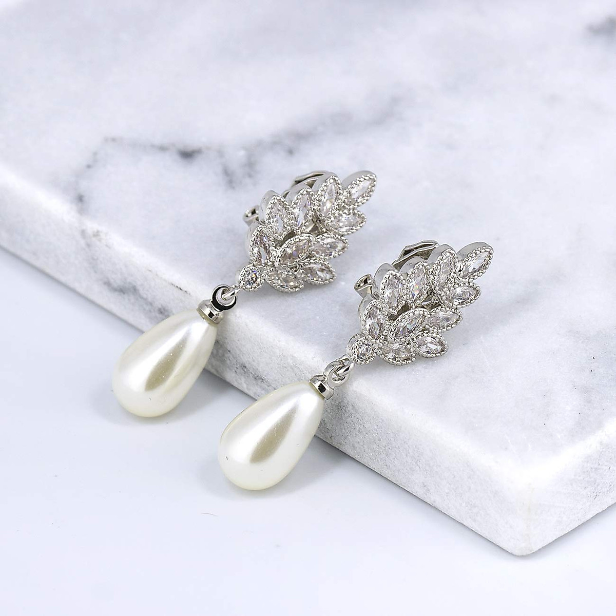 YOQUCOL Leaf-shape Dangle Drop Clip On Earring Zirconia Crystal Simulated Pearl NonPierced Earrings For Women