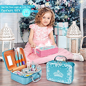 KIDCHEER Kids Makeup Kit for Girls Pretend Play Make up Gift Princess Toys for Kids with Storage Bag,Blue