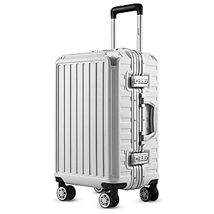 LUGGEX Carry On Luggage with Aluminum Frame, Polycarbonate Zipperless Luggage with Wheels, White Hard Shell Luggage 4 Metal Corner