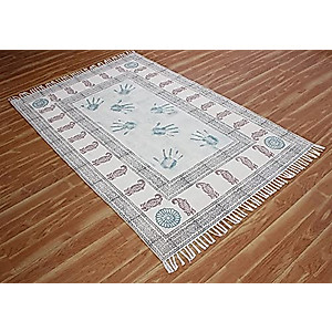 Casavani Hand Block Printed Cotton Dhurrie Bordered Blue & Brown Area Rug Doormat Floor Rug Indoor Area Rugs for Bedroom Living Room Laundry Room 6x8 Feet