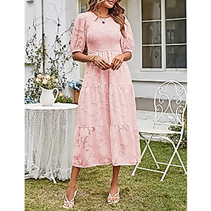 MEROKEETY Summer Dress for Women Elegant Smocked Short Puff Sleeve Floral Solid Midi Maxi Dresses,Pink,S