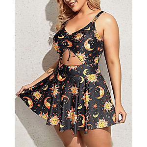 Yonique Women Plus Size One Piece Swimsuits with Skirt V Neck Swimdress Cutout Bathing Suits Sun Stars and Moon 18W