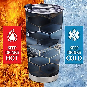 FHENMSA Reusable Plastic Water Cups with Lids,Blue Hexagons And Diamonds Print Anti-overflow Cup,sports Travel Coffee Cup