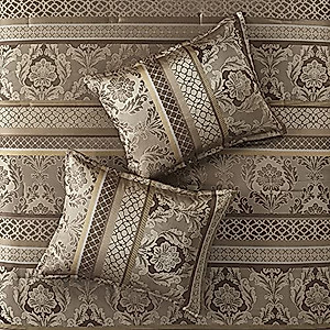 Madison Park Bellagio Cozy Comforter Set - Luxurious Jaquard Traditional Damask Design, All Season Down Alternative Bedding with Matching Shams, Decorative Pillow, King(104"x92"), Brown/Gold 7 Piece