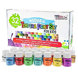 U.S. Art Supply 32 Color Children's Washable Tempera Paint Set - 2 Ounce Wide Mouth Bottles for Arts, Crafts and Posters