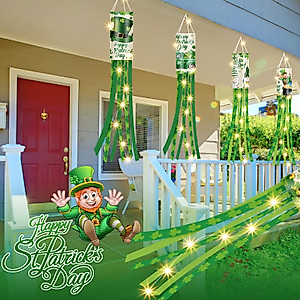 4 Pieces St. Patrick's Day Windsock with LED Light String 40 Inch Green Shamrock Truck Gnome Hat Pattern Windsock Happy St. Patrick's Day Outdoor Hanging Windsocks and Flags Wind Sock for Yard Decor