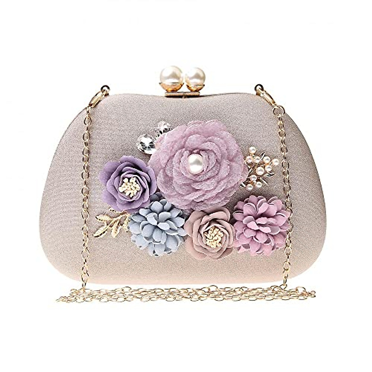 Evening Bag for Women Sparkly Flowers Beads Clutch Bags Elegant Clutch Bag for Wedding Party Prom (Champagne)