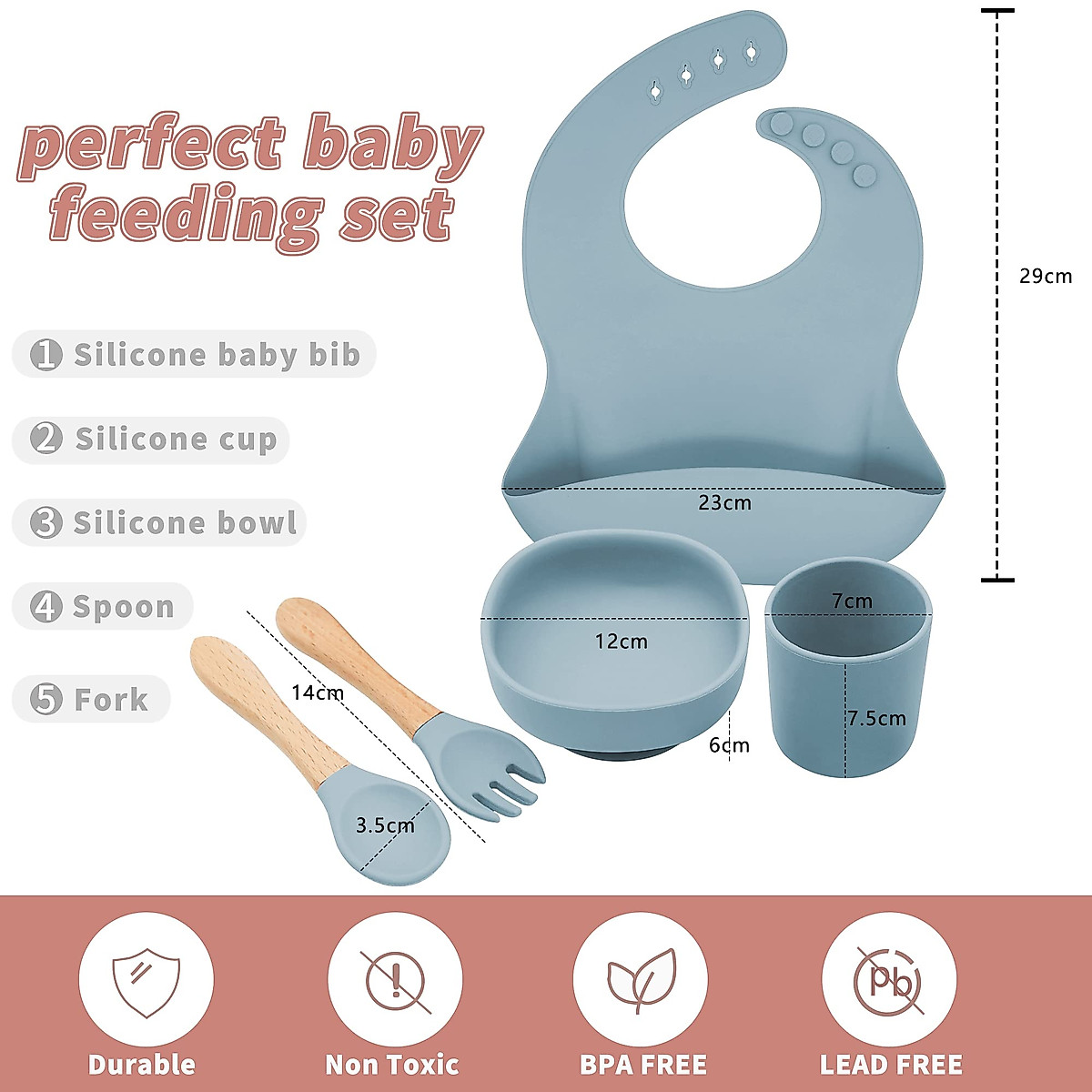Baby Feeding Set 5 Pcs Silicone Dinner Plates and Cutlery Set, Santi & Me Baby Weaning Bowls with Suction & Silicone Bibs & Spoon and Fork & Toddler Cups Training Dishes Utensils(Dusty Blue)