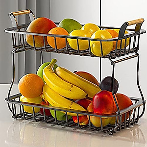 2 Tier Fruit Storage Basket Countertop for Kitchen, Bread Vegetable Farmhouse Fruit Basket Bowl Stand Detachable Metal Wire Basket with Wooden Handle for Kitchen, Reception, Dining Table（Black）