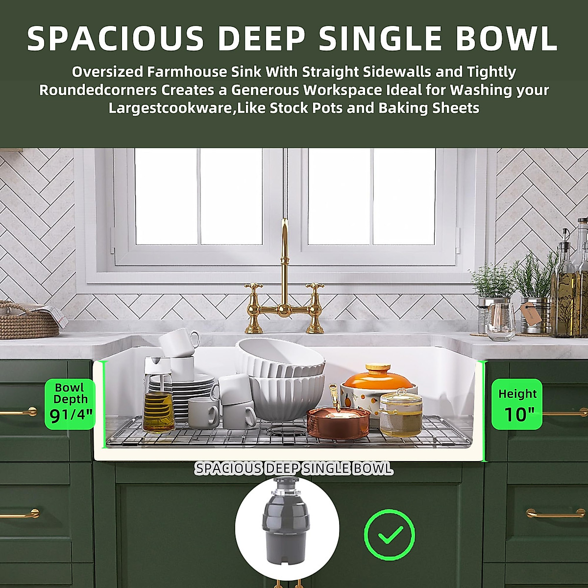 TUKTUK White Farmhouse Sink 33 inch Fireclay Apron Front Single Bowl Kitchen Sink Deep Drop In Farm Sink Undermount with Custom Bottom Grid & Strainer Drain