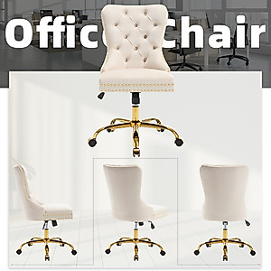 GOOLON Velvet Home Office Desk Chair, Height Adjustable Vanity Chair withTufted Back, Swivel Comfy Seat, Luxury Rivet Trim, Golden Base for Bedroom Living Room, Beige