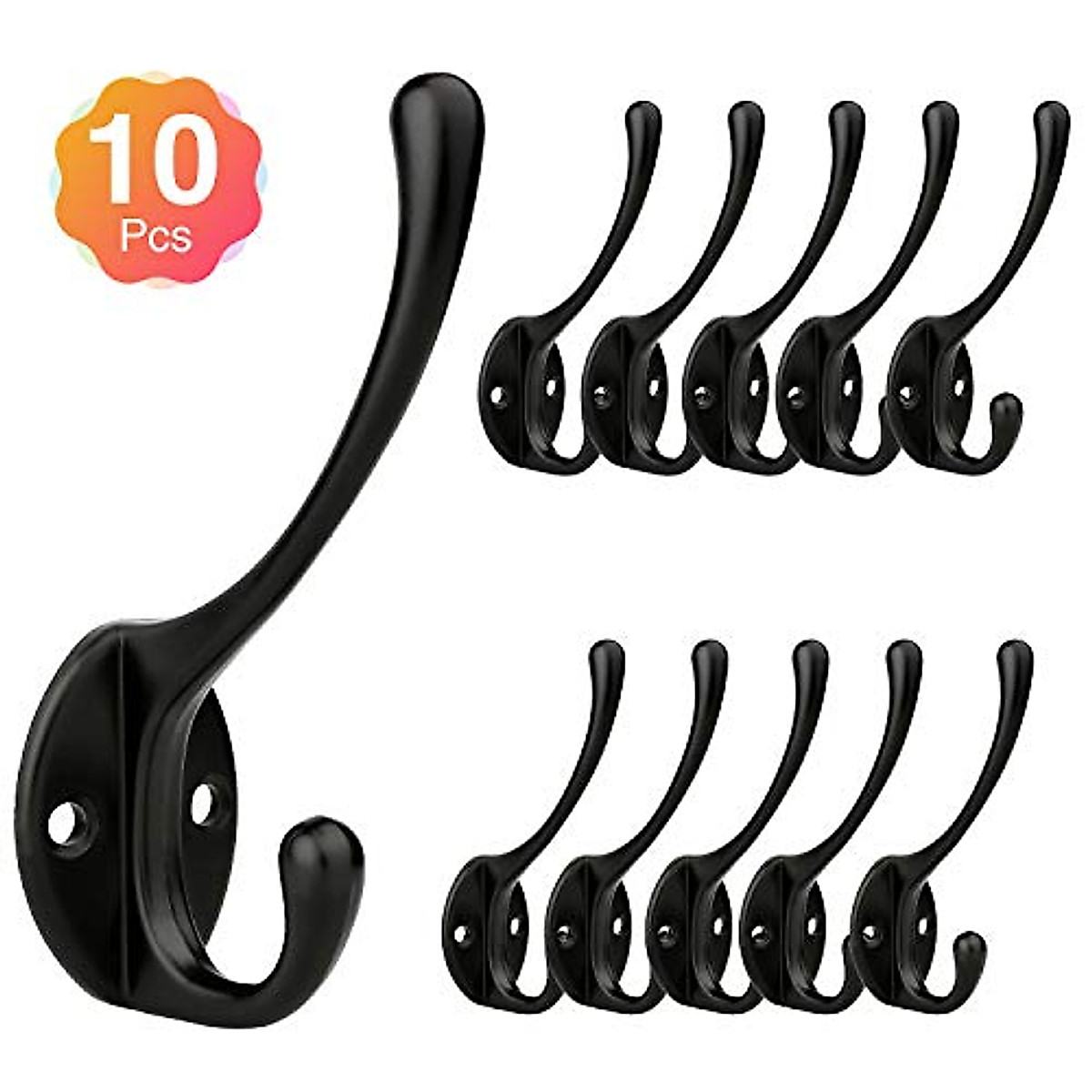 YIHATA 10 Pack Double Coat Hooks Hardware Black Wall Mounted Hanging Hook Heavy Duty for Towel, Bag, Cap, Scarf, Hat, Key