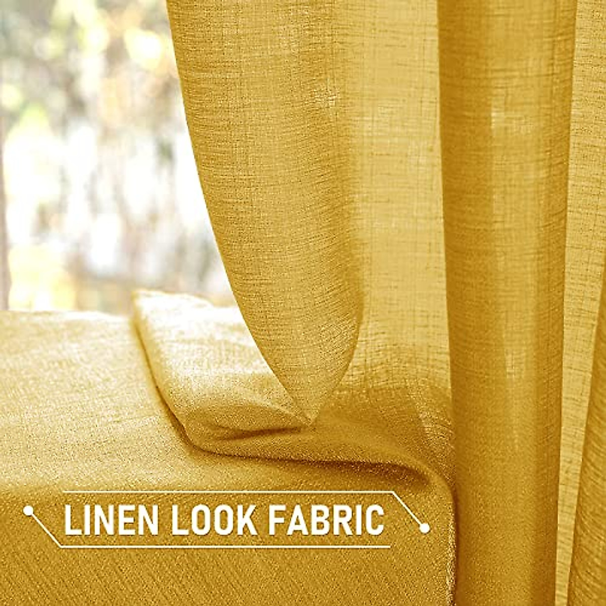 MIULEE Gold Faux Linen Textured Semi Sheer Curtains 2 Panels for Living Room Bedroom Light Filtering Thick Linen Privacy Window Curtains Golden Mustard Yellow Grommet Voile Drapes W 52 x L 72 inches