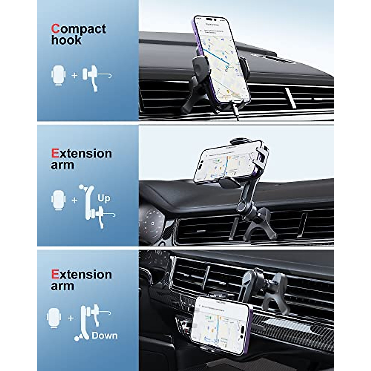 Car Vent Phone Holder Mount Clip with Extension Arm[2 Mounting Options][Never Blocking] Universal 2 In 1 Car Cell Phone Holder Mount [360°Rotation] Compatible with iPhone 13 14 Samsung All 4-7"Phone