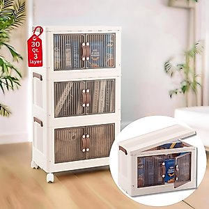 PROKTIK 30 QT 3 Tier Folding Storage Bins with Doors – Magnetic Door Foldable Storage Cabinet - Folding Storage Box with Leather Handles - Stackable and Collapsible Storage Container for Books, Pantry