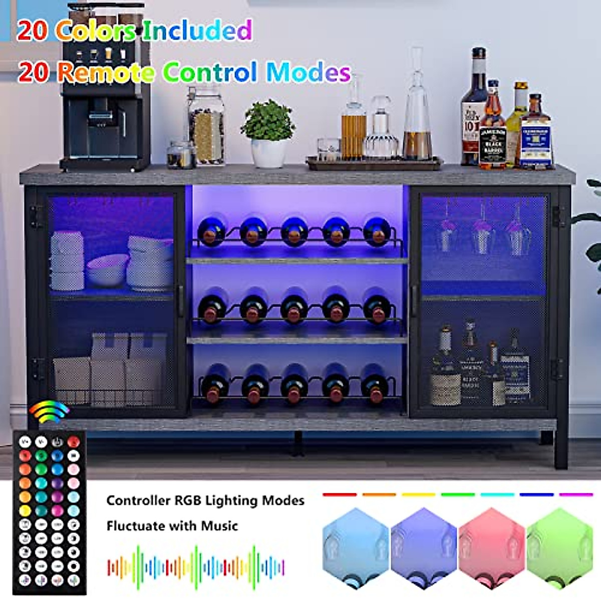 SOSPIRO Bar Cabinet with Wine Rack, LED Lights Industrial Coffee Bar Cabinet for Liquor and Glasses, Liquor Cabinet Bar for Home, Wine Bar Cabinet with Adjustable Shelves (Grey)