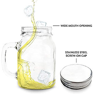 Mason Glass Drinking Mugs w Handle & Tin Lids (set of 4) Gift Idea With Embossed Established Date Logo,For Coffee,Juice, Punch, Dessert, Small Cakes, or Any Beverage 16oz. Comes Perfectly Boxed