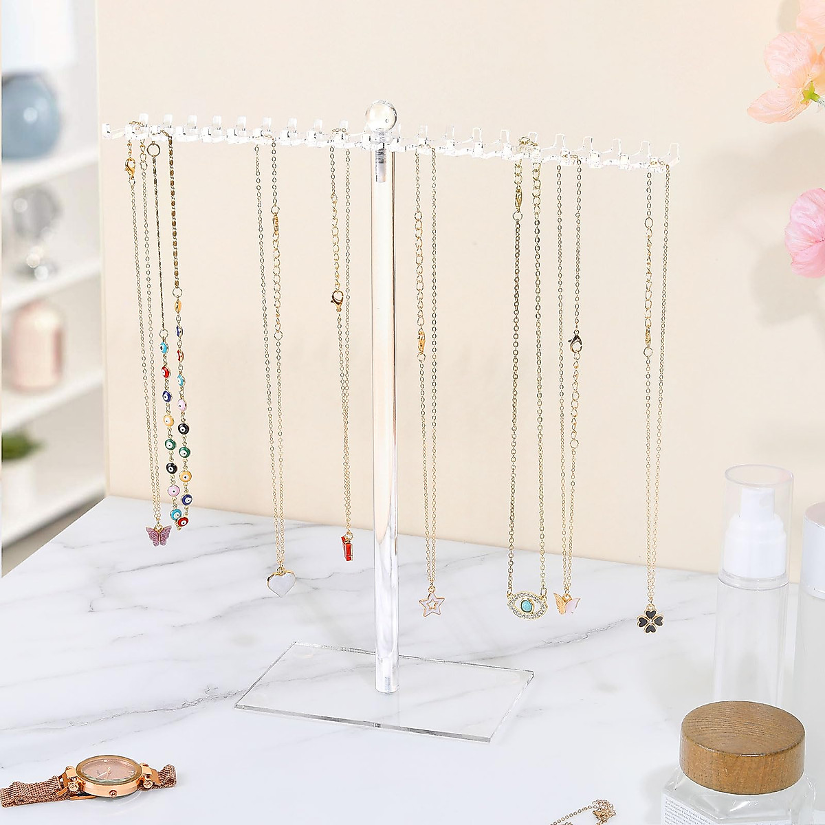 OAOLEER Acrylic Necklace Organizer, Clear Necklace Holder Stand, Jewelry Organizer Display Hanger Rack with Bilateral Hooks for Necklaces Pendant Bracelets Ring (Tall 11.6 in)