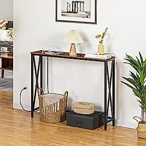 ALLOSWELL Console Table with Power Outlet, 39.4" Narrow Sofa Table, Farmhouse Table Behind Sofa Couch with USB Ports, Sturdy and Durable, for Entryway, Living Room, Foyer, Rustic Brown CTHR8101