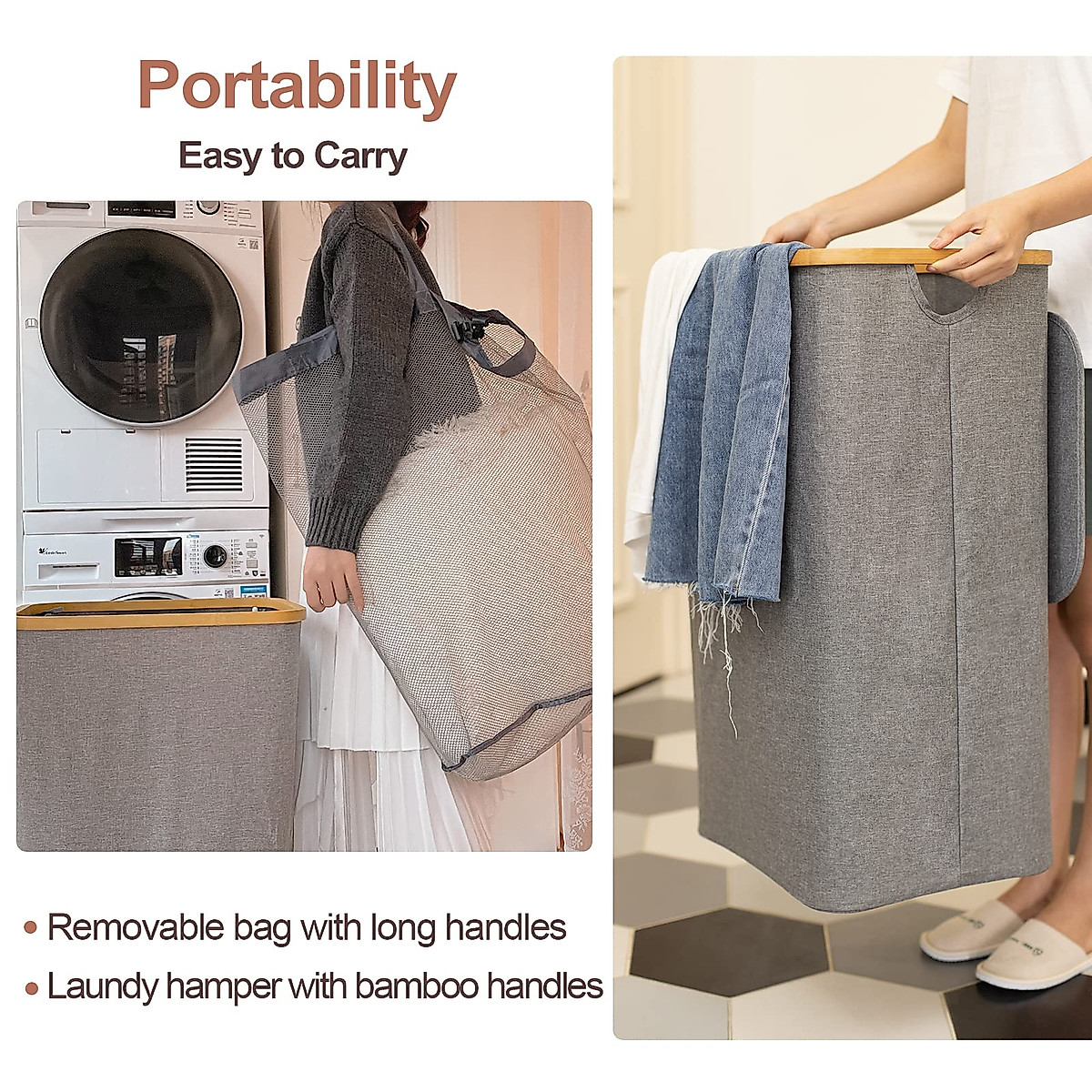 FairyHaus Laundry Basket with Lid, Freestanding Large Laundry Hamper with Lid, Removable Bag & Support Rods, Collapsible Dirty Clothes Hampers for Laundry with Easy Carry Bamboo Handles, Tall, Grey