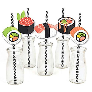 Let's Roll - Sushi - Paper Straw Decor - Japanese Party Striped Decorative Straws - Set of 24