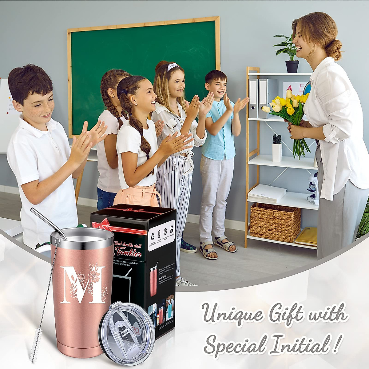 Thenshop Personalized Initial Mug Tumbler 20oz, Monogrammed Travel Mug with Gift Box for Wedding Birthday Graduation Party, Birthday Christmas Gifts for Women Mom Sisters Teacher Coworker (M)