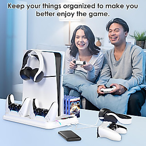 PS5 Cooling Station for PS5/Slim/Pro Disc Digital Console,PS5 Fan Cooling Fan with Dual PS 5 Controller Charger,3 Level Fan, RGB Light,12 Slot, PS5/Slim/Pro Stand for PlayStation 5 Console Accessories