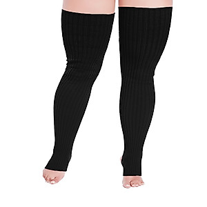 v28 Plus Size Knit Leg Warmer Women Thick Thigh High Boot Extra Long Large Socks(Plus Size- Black)
