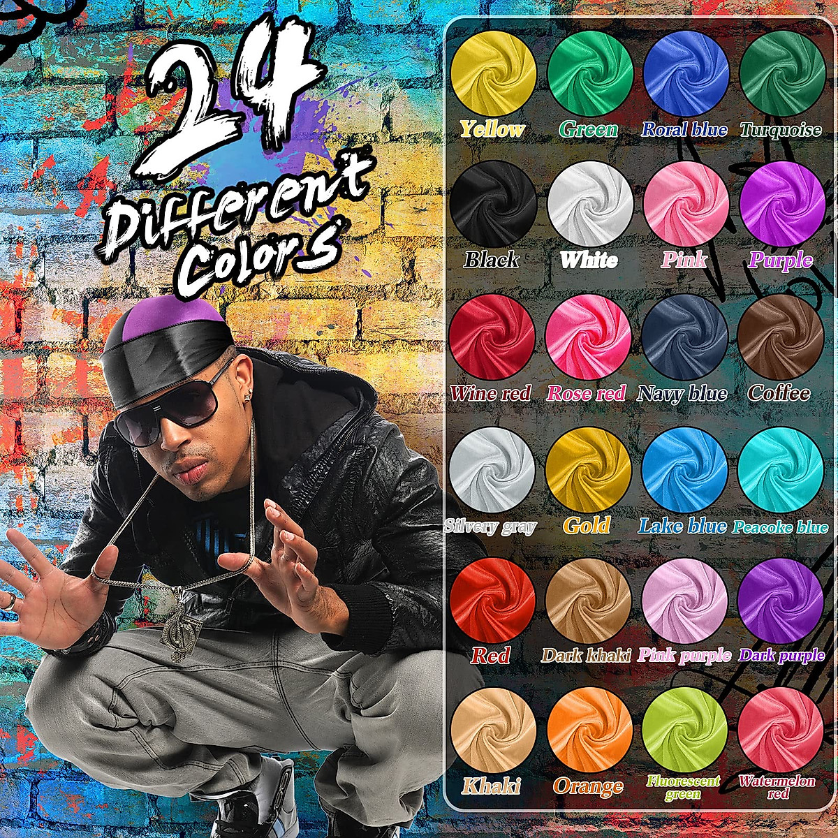 28 Pcs Silky Durags Set Includes 24 Satin Durag for Men Women Long Tail Headwraps with 4 Elastic Wave Cap (Multi Color)
