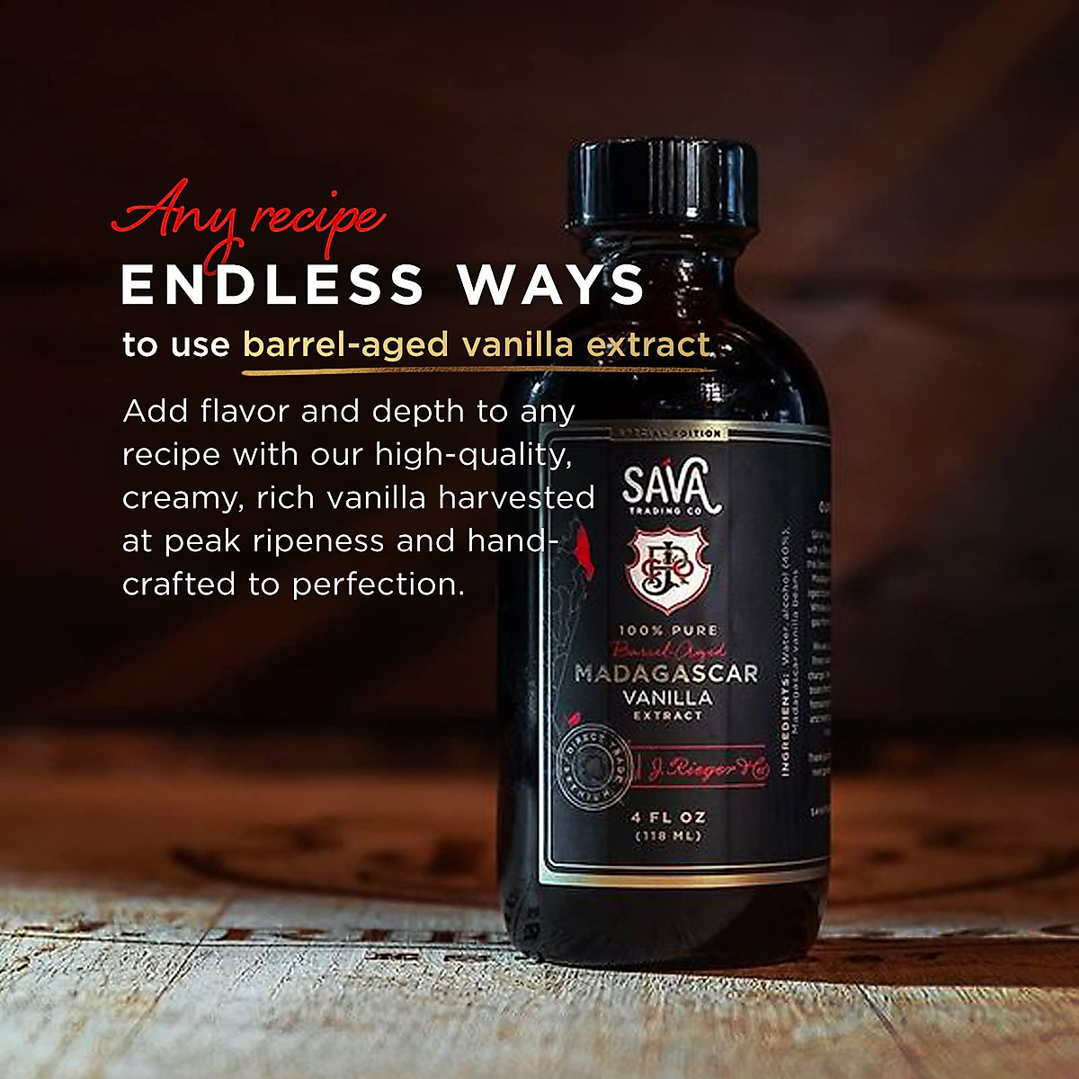 SAVA Barrel-Aged Madagascar Vanilla Extract – Special Edition Pure Vanilla Extract Aged in Whiskey Barrel – Gourmet Vanilla Extract for Baking (4oz)
