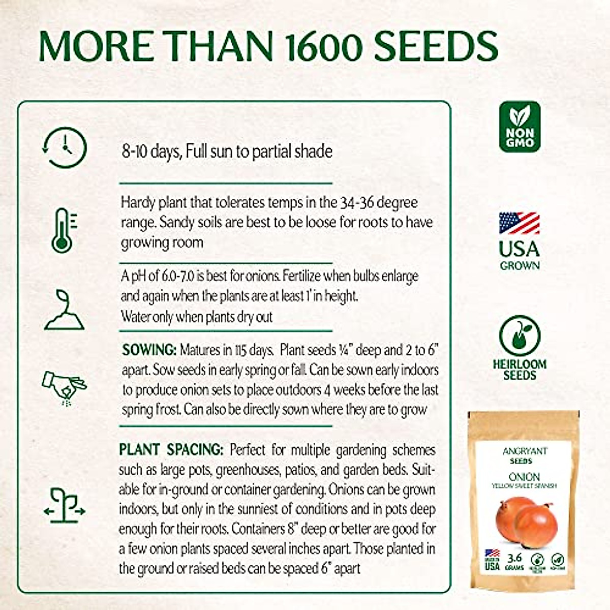 Yellow Sweet Spanish Onion Seeds for Planting Indoors and Outdoors - 1600+ Non GMO Seeds Per Packet - 100% USA Grown - Heirloom Seeds for Home Vegetable Garden