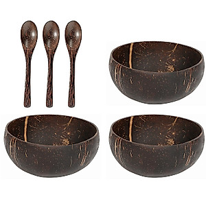 Hovico 3pcs Coconut Bowls with Spoons, 100% Natural Handmade Kitchen Utensils Bowl Polished with Coconut Oil Eco-Friendly Coconut Bowl Durable Lightweight Useful