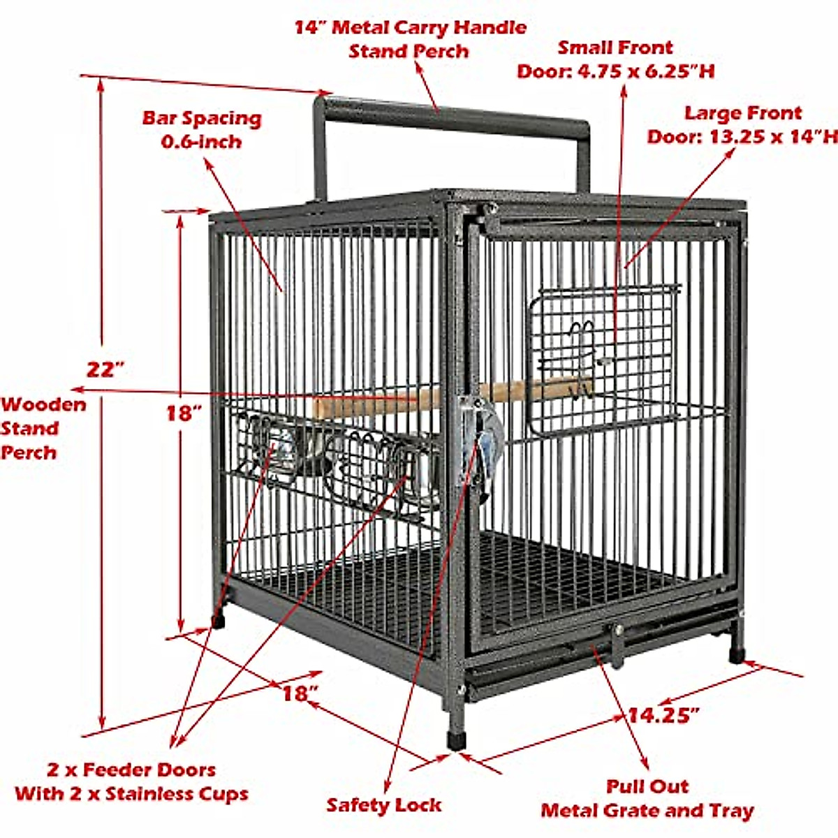 Portable Heavy Duty Travel Bird Parrot Carrier Cage Feeding Bowl Play Stand with Handle