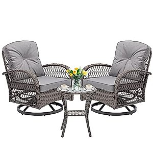 HOMEFUN Outdoor Swivel Rocker Patio Chairs, 3 Pieces Patio Bistro Set Wicker Furniture Set 360 Degree Swivel Chairs with Cushions and Coffee Table